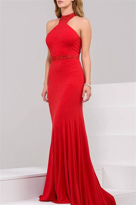 Halter Neck Jersey Red Beaded Prom Dress With Crystal Embellished