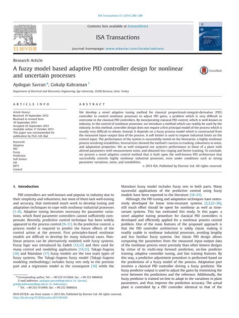 A Fuzzy Model Based Adaptive Pid Controller Design For Nonlinear And