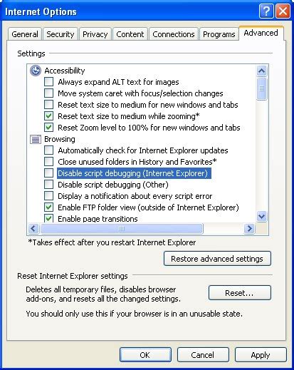 my learning paths disable enable script debugging in internet explorer