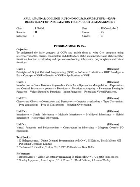 c syllabus c object oriented programming