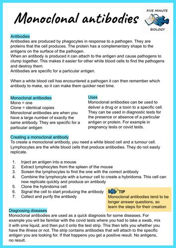 Gcse Aqa Biology Triple Science Monoclonal Antibodies Revision Sheets