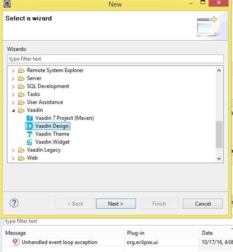 error creating vaadin design project using eclipse unhandled event
