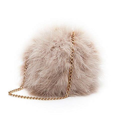 Flada Womens Faux Fluffy Feather Round Clutch Shoulder Bag Apricot