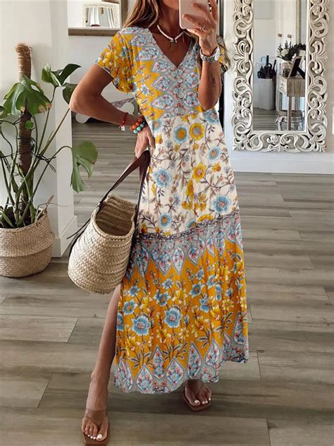 Printed Short Sleeve V Neck Long Dress In 2022 Short Sleeved Knit