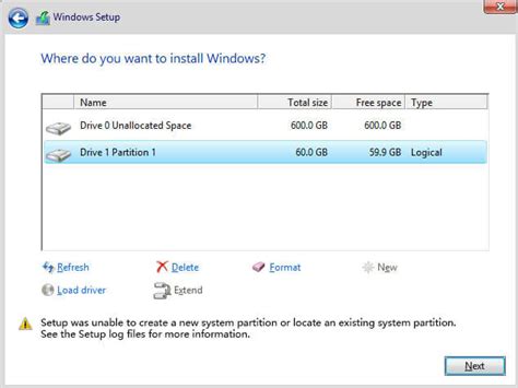 fix setup was unable to create a new system partition or locate an