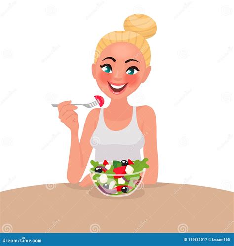 Woman Eating Healthy Vegetable Salad Cartoon Vector Cartoondealer