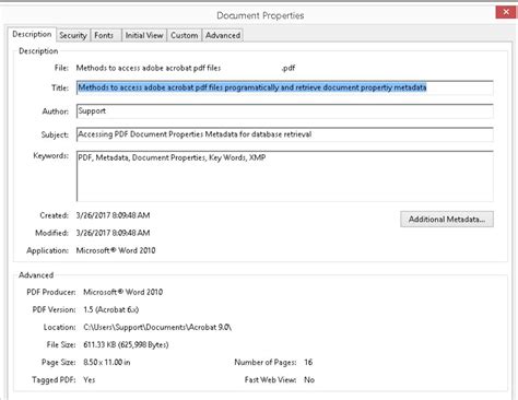 access acrobat pdf file properties data program adobe community