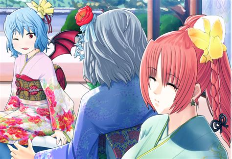Safebooru 3girls Bat Wings Blue Hair Bow Braid Closed Eyes Flower