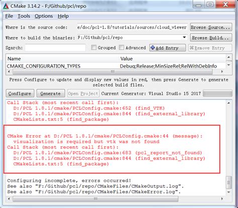cmake编译时出现“error in configuration process project files may be invalid
