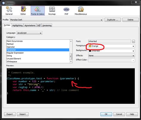 javascript parameter color in netbeans stack overflow