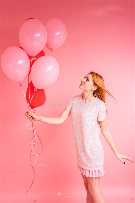 Beautiful Redhead Girl With Red Heart Baloon Posing Happy Valentine`s