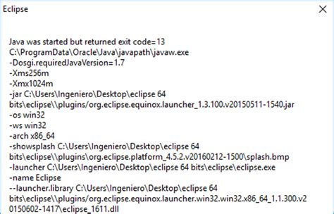 error al iniciar eclipse java was started but returned exit code 13