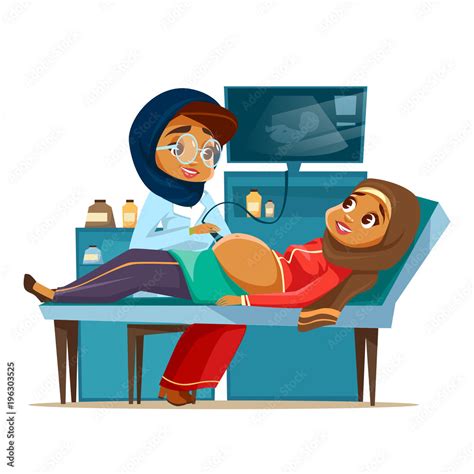 Vector Cartoon Arab Ultrasound Pregnancy Screening Concept Muslim