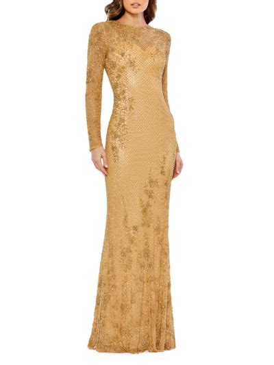 Mac Duggal Long Sleeve Embellished Evening Gown In Gold Modesens