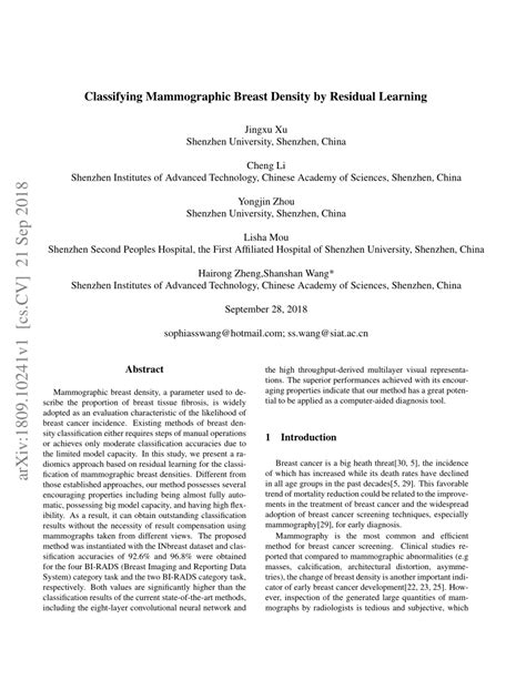 Pdf Classifying Mammographic Breast Density By Residual Learning