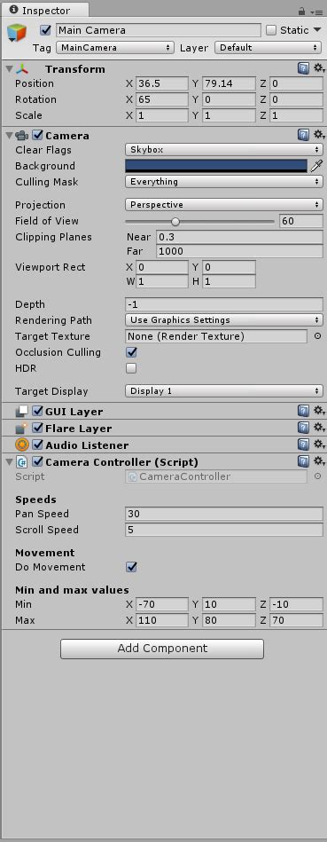 move camera between min and max x y and z coordinates in unity
