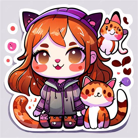 かわいい女の子と猫かわいい手描き漫画ステッカー アイコン コンセプト分離イラスト プレミアムベクター
