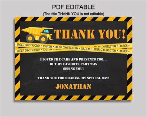 Construction Thank You Card Construction Birthday Thank You Etsy