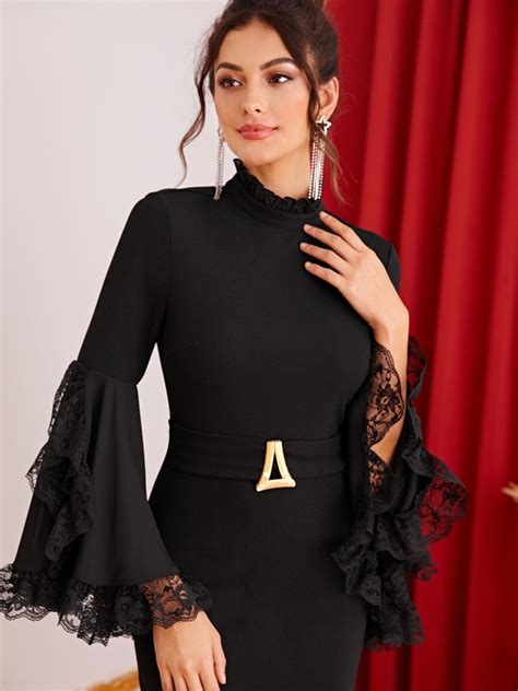 Shein Frilled Neck Lace Trim Exaggerate Bell Sleeve Split Hem Dress