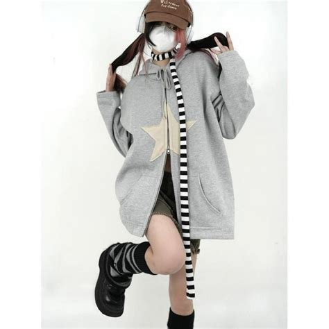 Deeptown Vintage Y2k Star Hoodies Women Harajuku Kawaii Oversized Zip