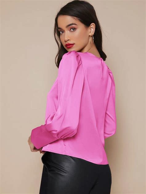 Shein Privé Buttoned Cuff Lantern Sleeve Satin Top Shein Usa