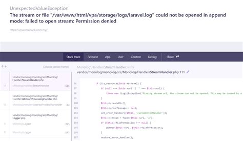 laravel the stream or file storage laravel log could not be opened in
