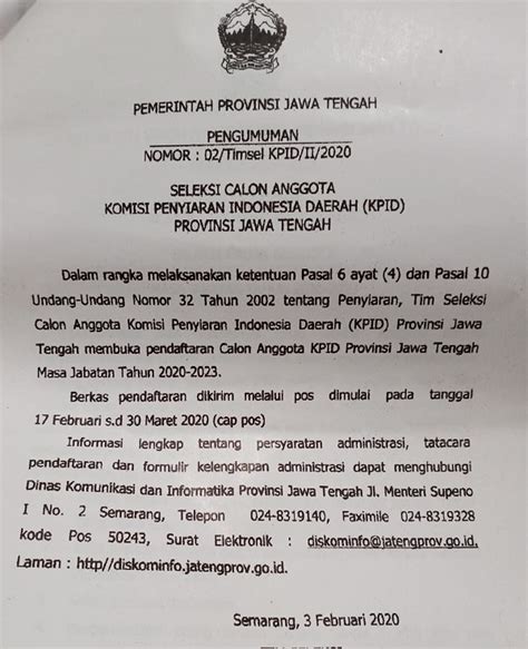 Diskominfo Provinsi Jateng Umumkan Pendaftaran Seleksi Calon Anggota