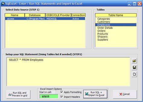 sreenshot sql excel 1 01 excel freeware add in