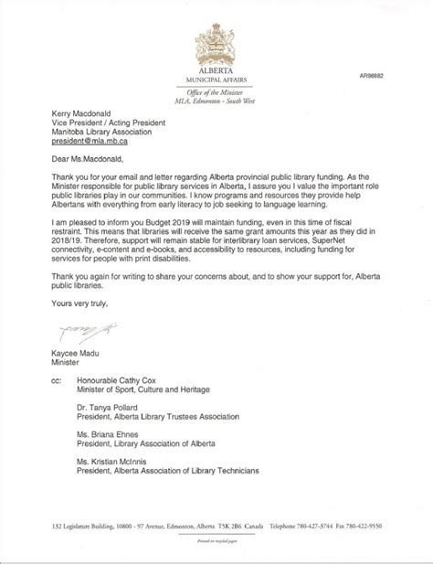 Letters To The Minister Alberta Library Trustees Association