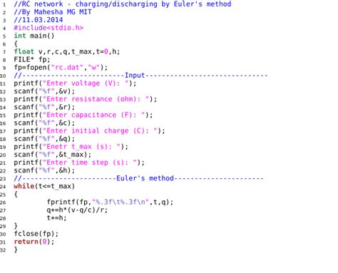 computational physics c code rc charging discharging by euler s method