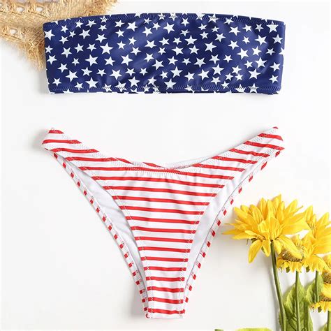 Belleziva Women Fashion Padded American Flag Bikini Set Strapless