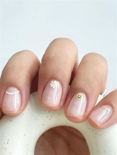 Cute Korean Nails Short Milky Nails Accented With Tiny Emojis