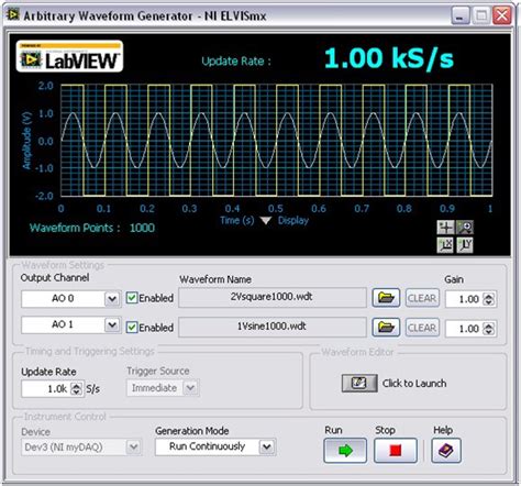 using mydaq with the ni elvismx arbitrary waveform generator soft front