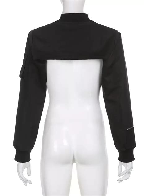 Weekeep Punk Style Super Cropped Jacket Zip Up Pocket Patchwork Cargo