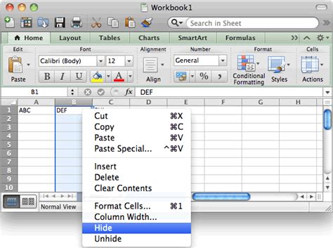 ms excel 2011 for mac hide a column
