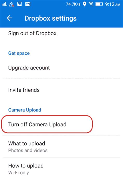 how to disable dropbox photo auto upload on mobile and