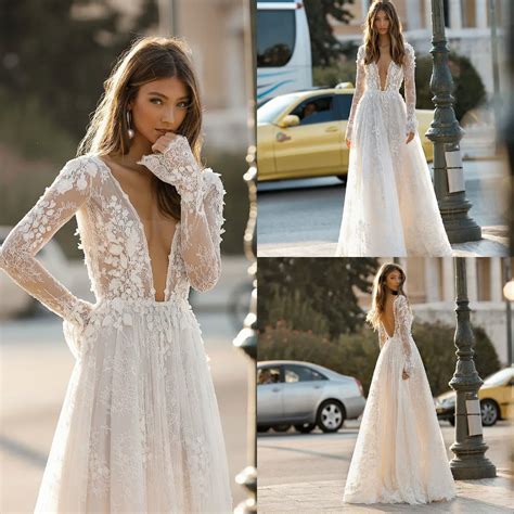 Berta Bohemian Lace Applique Deep V Wedding Dress 2019 Deep V Neck
