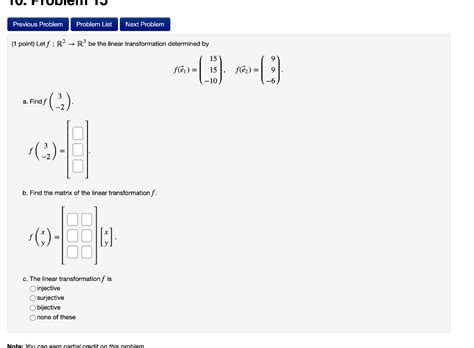 Solved 1 Point Let F R2→r3 Be The Linear Transformation