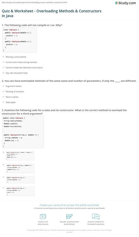 quiz and worksheet overloading methods and constructors in java