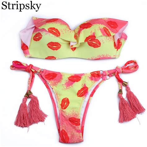 Stripsky Bikini 2018 Women Dot Print Swimwear Tassel Swimsuit Halter