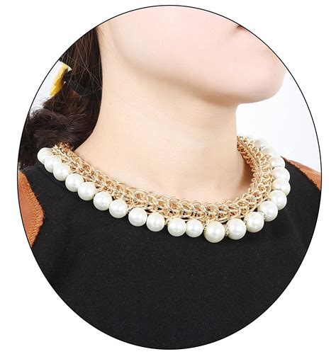 Vogueknock Statement Pearl Collar Necklace Gold Braid Chain With Pearl