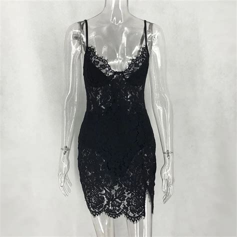 Fleepmart Sexy Flower Lace Party Dress Women Sexy Perspective Spaghetti