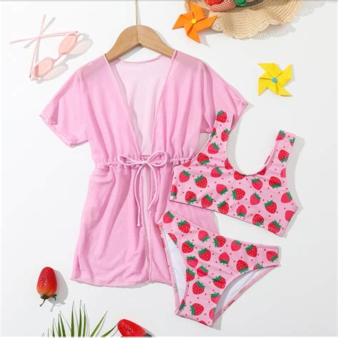 Duaonets Girls 3 Piece Strawberry Print Bathing Suits Cute Bikini