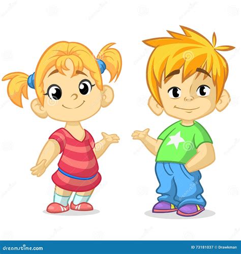 Le Garçon Et La Fille Mignons De Bande Dessinée Avec Des Mains Lèvent L