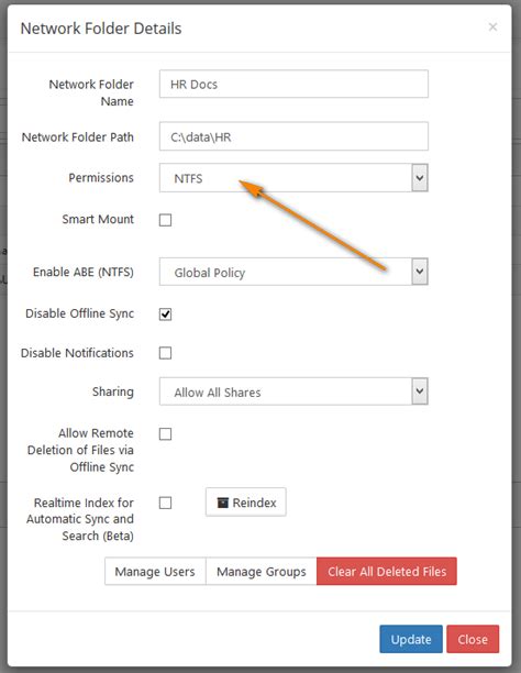 network folders with ntfs permissions [staging] filecloud docs