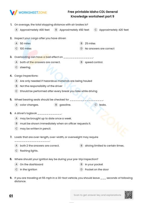 Free Printable Idaho Cdl General Knowledge Worksheet Part 9 Worksheet