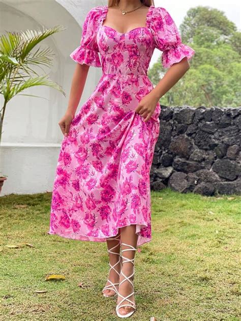 Shein Vcay Allover Floral Print Sweetheart Neck Flounce Sleeve Dress
