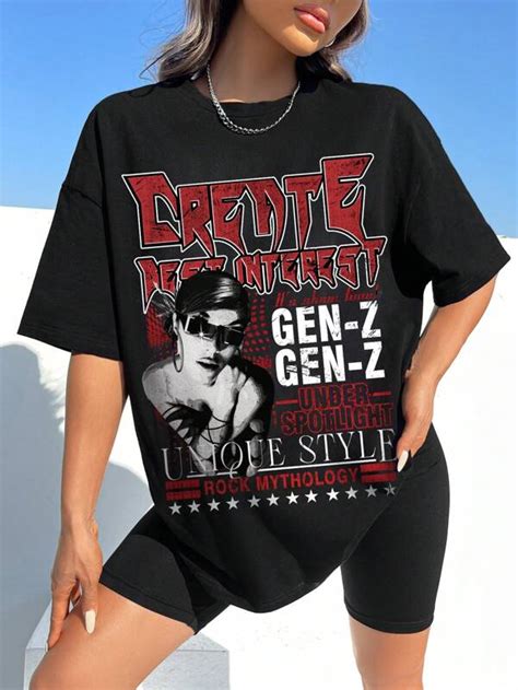 Shein Coolane Figure And Letter Graphic Drop Shoulder Oversized Tee