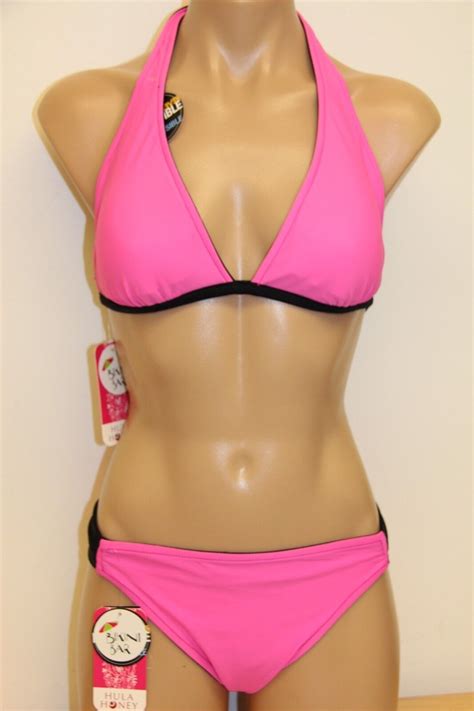 Nwt Hula Honey Swimsuit Bikini 2 Piece Set Sz M Reversible Black Pink