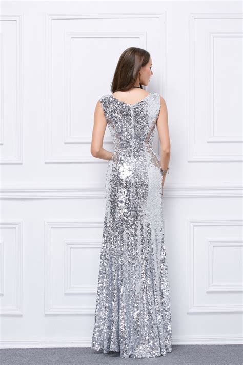 Full Length Silver Sequins V Neck Evening Gown Prom Dress